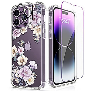 ROSEPARROT Designed for iPhone 14 pro max Case with Tempered Glass Screen Protector + Camera Lens Protector, Clear with Floral Pattern Design, Shockproof Protective Cover （Anemone Blooms）