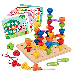 TOOKYLAND Peg Board Stacking Toy - 53pcs - Color and Shape Matching Game with Lacing Beads, Learning Sensory Pegboard Set for Kids 3 Years Old +