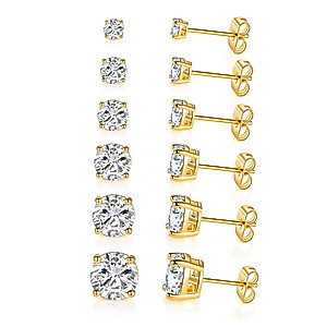 6 Pairs 14K Yellow Gold Plated Round Cut Clear Cubic Zirconia Stud Earring Pack