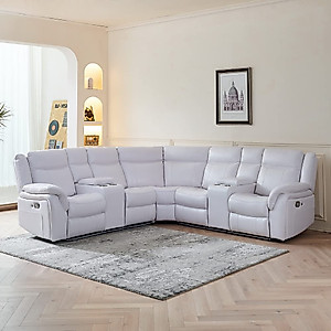 Eafurn 106.3" Manual Reclining Sectional Set w/ 2 Center Consoles,Faux Leather Upholstered Motion 4 Cup Holders and LED Light Strips,Symmetrical Corner Sofa & Couches, Home Theater Lounge Seat, White