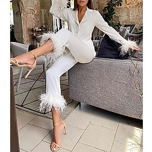 NUFIWI Stain Long Sleeve Button Down Pajamas Suit with Feather Trim Solid Color Sleepwear Set 2022 Summer Fashion Nightwear White