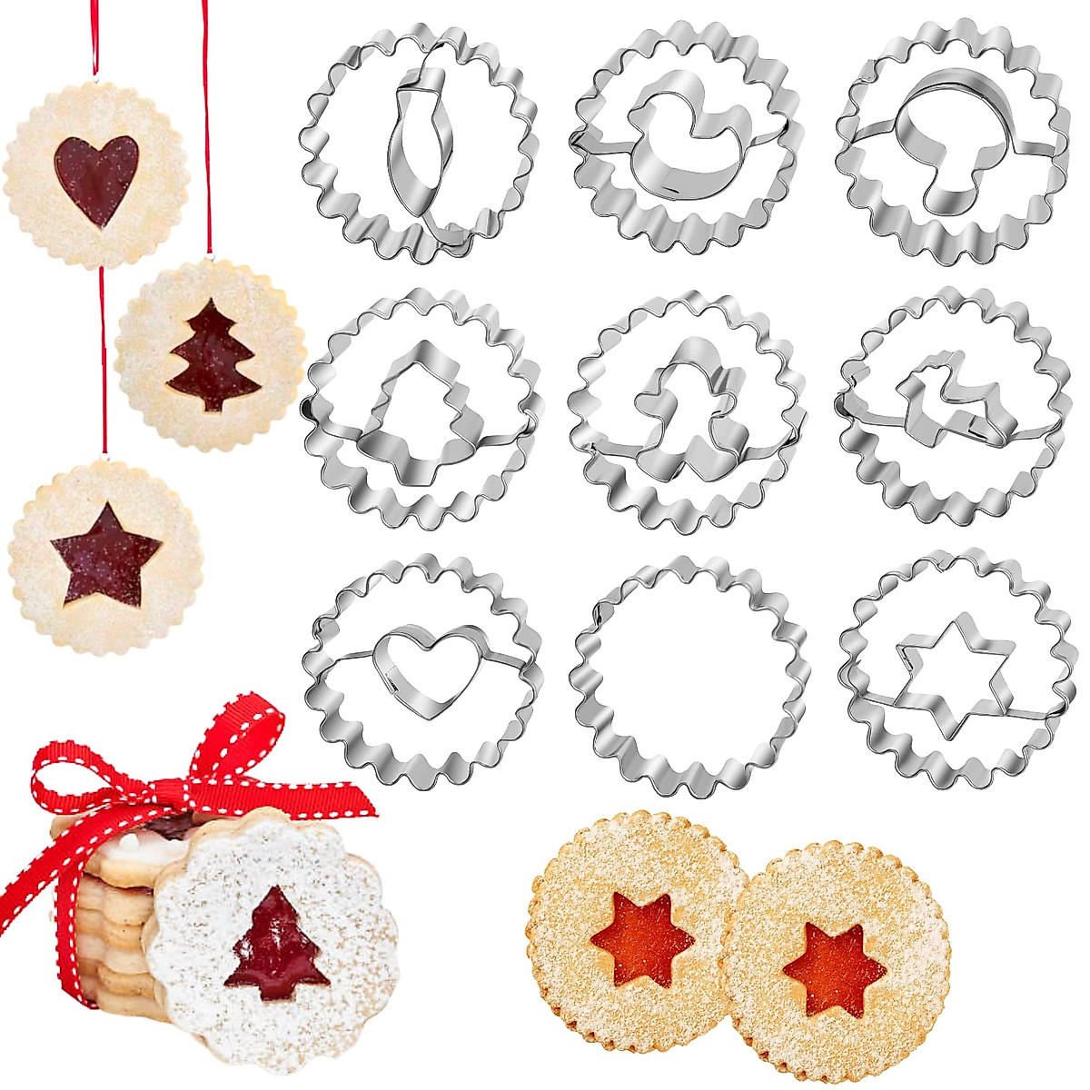 KAISHANE 9PCS Mini Linzer Cookie Cutter Set, Christmas Holiday Metal Cookie Cutters, Gingerbread Man, Christmas Tree, Bell, Heart Shape for Baking Sandwich Jam Cookies