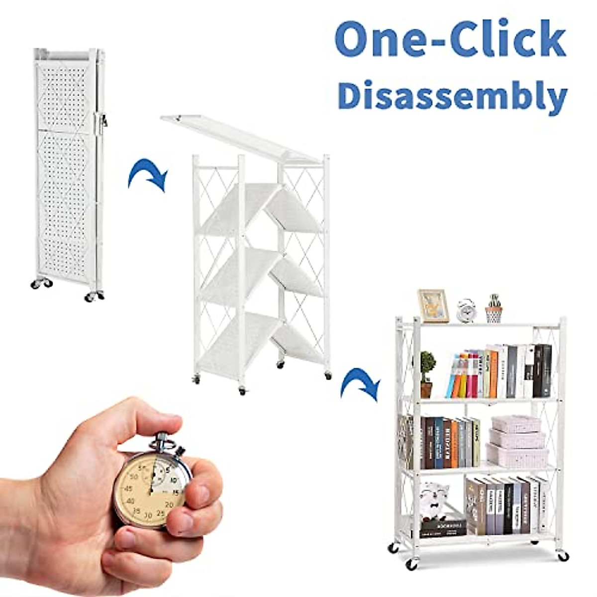 ShanSon Storage Shelves with Wheels 4 Tier Heavy Duty Foldable Metal Rack Storage Shelving Units for Garage Kitchen，White