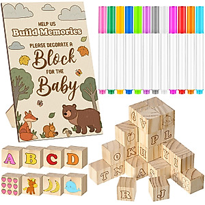 Watersay 53 Pcs Baby Shower Games Sign Kit Include 36 Abc Letter Alphabet Blocks 4 DIY Wooden Blocks 1 Block Game Frame Sign 12 Acrylic Markers for Gender Reveal Building Game Decorate Winners Decor