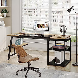 Tribesigns 63” Executive Desk with Storage Shelves, Large Office Computer Desk with Sturdy Metal Frame, Modern Study Writing Desk Workstation for Home Office, Natural/Black
