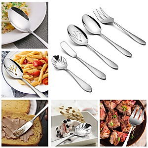 LIANYU Serving Utensils, 5 Pieces Stainless Steel Hostess Silverware Flatware Cutlery Serving Set, Mirror Finished, Dishwasher Safe