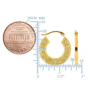 14K Yellow Gold Round Greek Key Hoop Earrings, Diameter 15mm