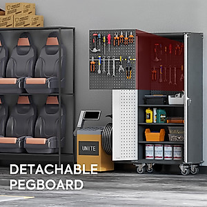 71" Pegboard Metal Garage Storage Cabinet with Wheels, Rolling Lockable Metal Tool Cabinet with Adjustable Shelves for Warehouse, Basement, Assembly Required