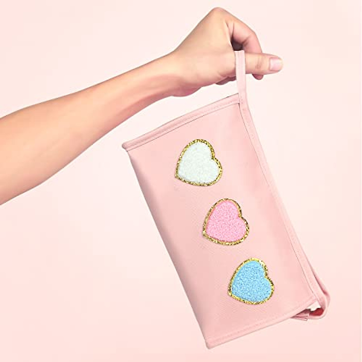 BYXEPA Preppy Heart Makeup Bag with Pocket Cosmetic Bag Waterproof Make up Travel Accessories Case Kids Portable Storage for Teen Girls Gift (Pink-Hearts)