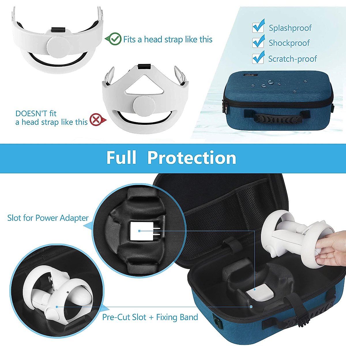 JSVER Storage Case for Meta Quest 2 Carrying Case For Oculus Quest 2 and Controllers, Elite Strap Accessories, Hard Shell Travel Protective Case for Meta/Oculus Quest 2 with Shoulder Strap (Blue)