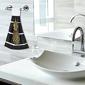 Yellow Gold Golden Glitter Pineapple On White Black Stripes 2 Pcs Hanging Kitchen Hand Towels, Hanging Tie Towels with Hook & Loop Dishcloths Sets, Decorative Absorbent Tea Bar Bath Hand Towel