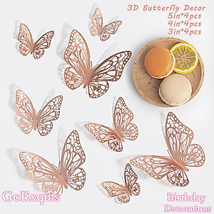 GoExquis Hot Pink Rose Gold Birthday Decorations for Women Girls Butterfly Decor Cake Topper Hanging Swirls Foil Curtain Tassel Garlands Paper Pom Poms Happy Birthday Banner Balloons