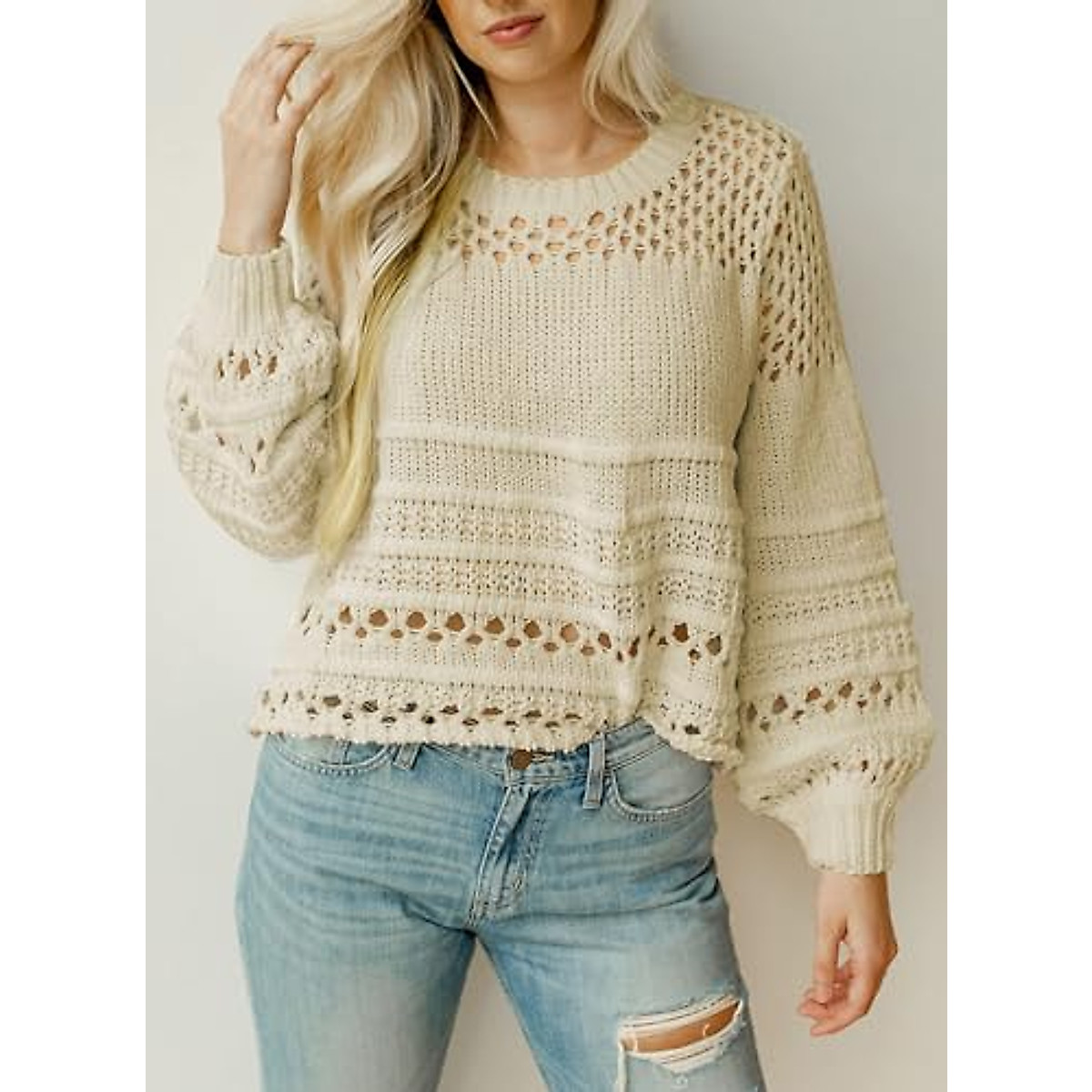 Dokotoo Women's Balloon Long Sleeve Sweater Tops Round Neck Crochet Hollow Out Knit Pullover Jumper Tops Sweaters for Women White Small