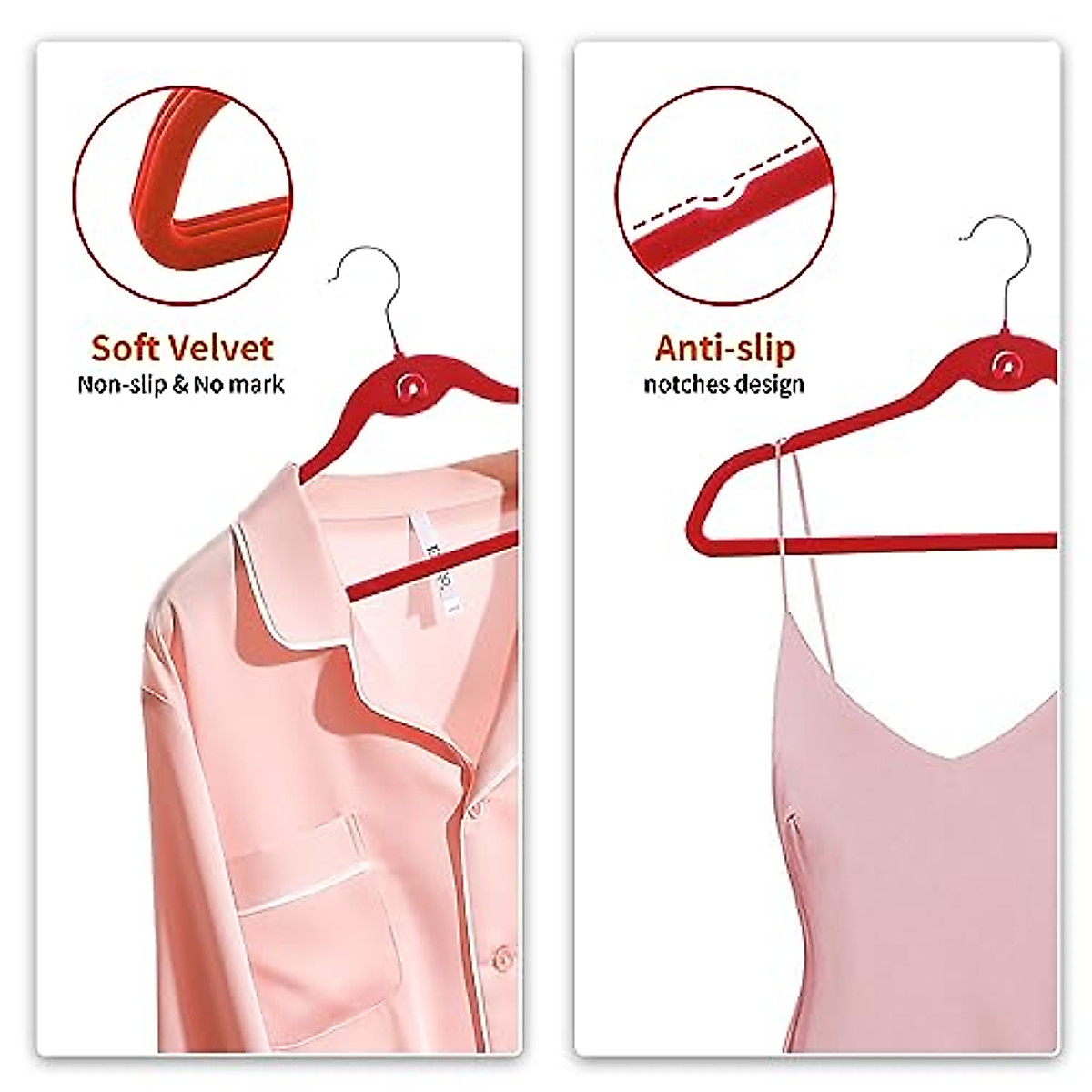 Multi-Color Premium Velvet Hangers with Mini Hooks, Pack of 50, Non Slip, Space Saving Cascading Clothes Hangers, Rainbow Colors, Red, Orange, Yellow, Green, Blue