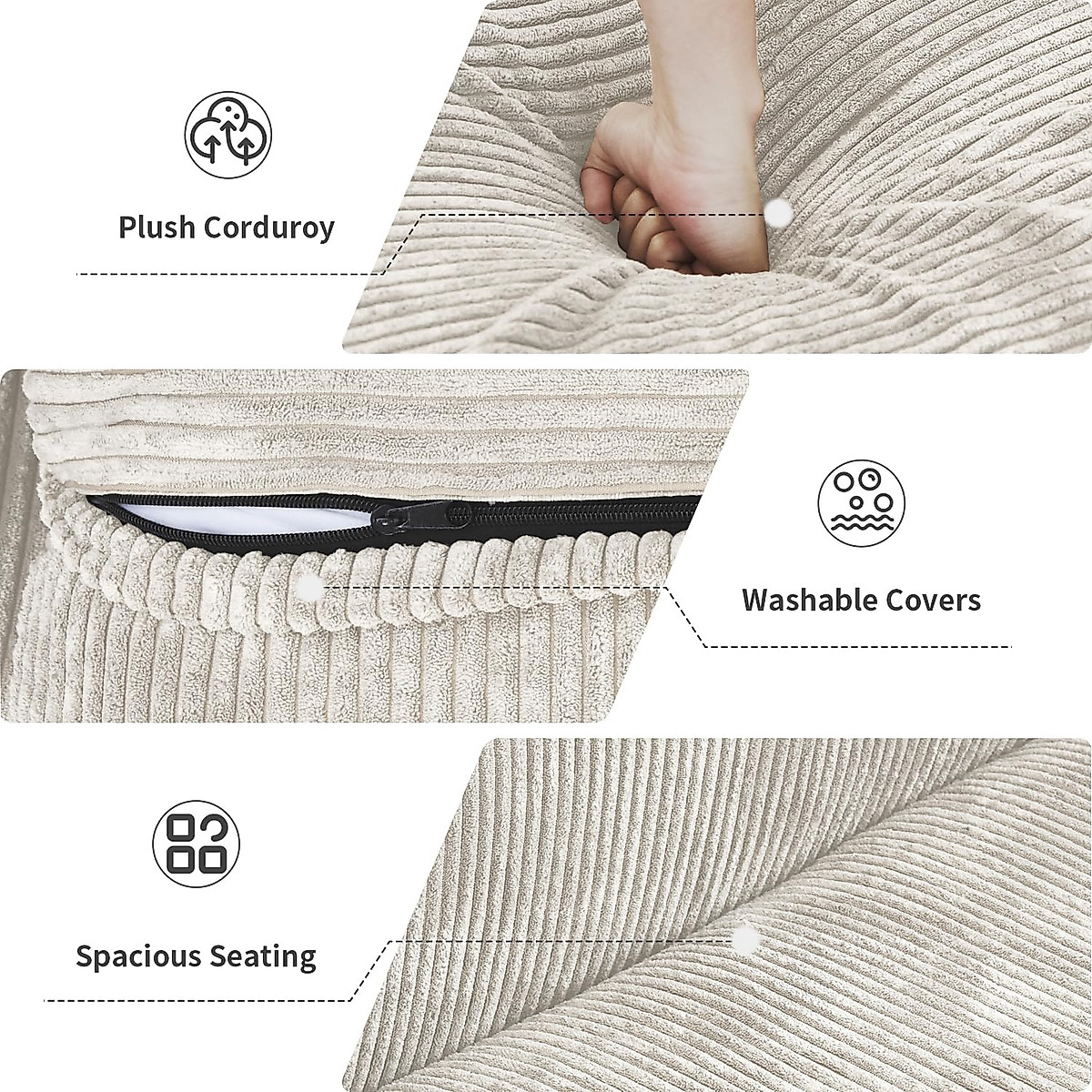 WJShome Modular Sectional Sofa Couch,102inch Oversized LoveSofa,Upholstered with Corduroy Fabric Couches with 4 Pillows,Cushion Covers Removable, Comfy for Living Room, Office, Apartment,Beige