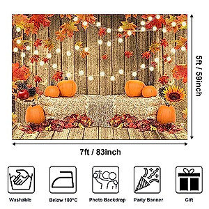 Avezano Fall Pumpkin Photography Backdrop Rustic Thanksgiving Harvest Wooden Floor Background Autumn Maple Leaves Baby Shower Decorations Party Supplies Photo Booth Props 7x5ft