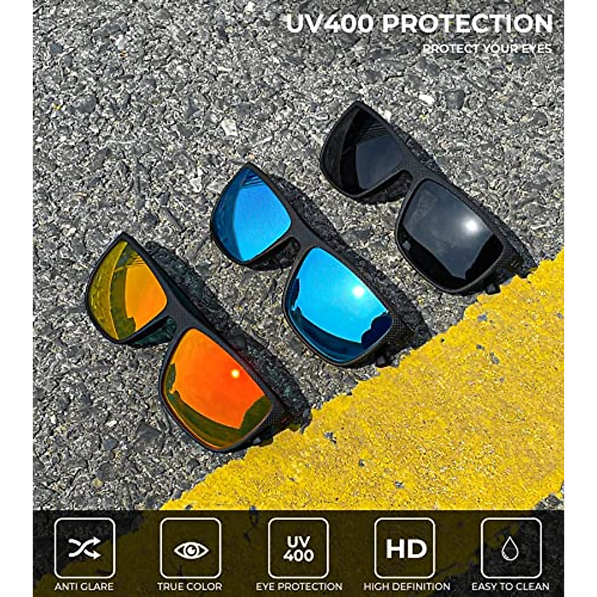 KALIYADI Polarized Sunglasses Men, Lightweight Mens Sunglasses Polarized UV Protection Driving Fishing Golf (Black/Ice Blue/Red)