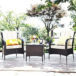 Tangkula 3 Piece Patio Furniture Set, 2 Wicker Chairs with Glass Top Coffee Table, Outdoor Garden Porch Poolside Furniture Set for 2, Rattan Conversation Set (Cream)