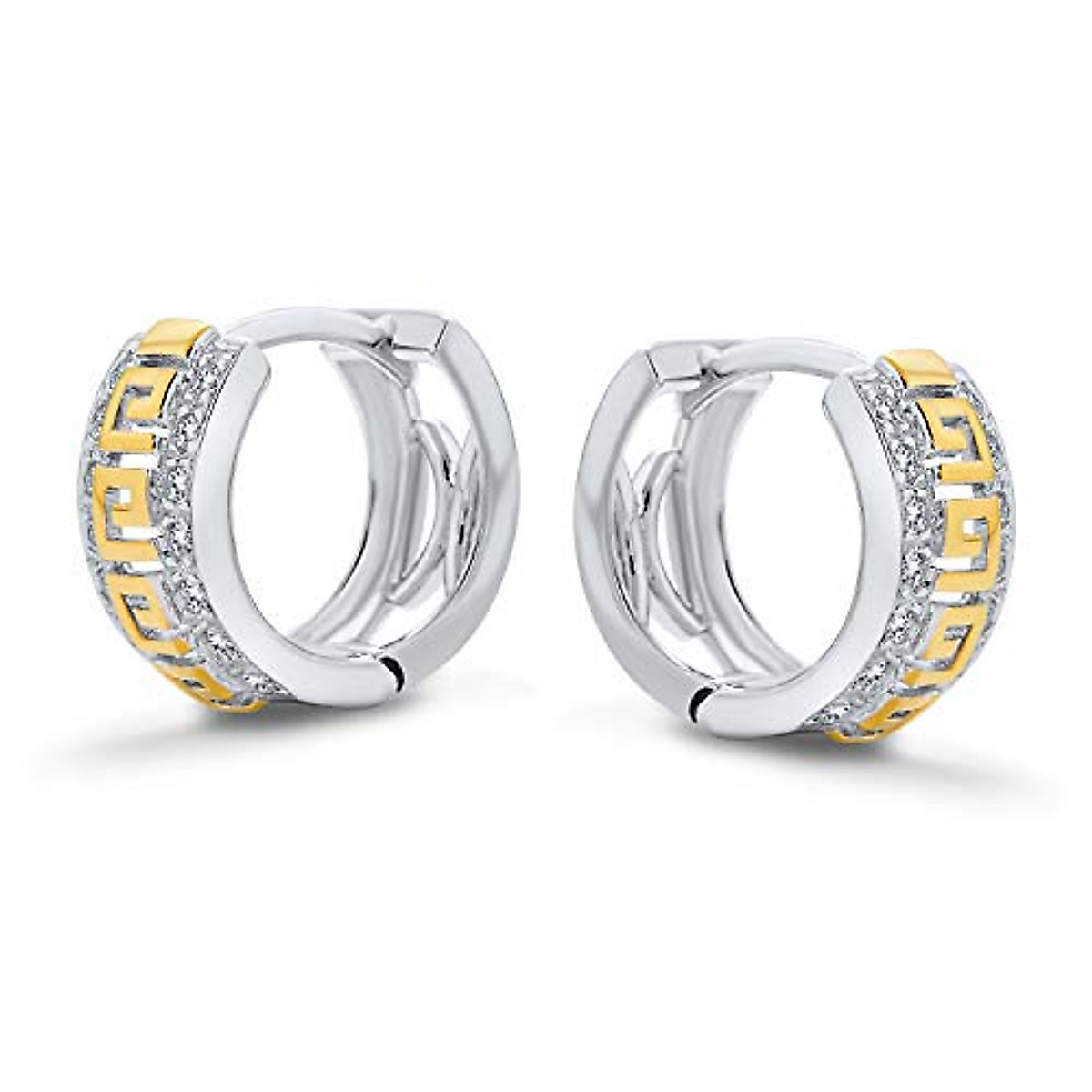 Two Tone Greek Key Cutout Huggie Hoop Earrings For Women For Men Cubic Zirconia CZ 14K Gold Plated .925 Sterling Silver