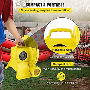 VEVOR Air Blower, 750W 1HP Inflatable Blower, Portable and Powerful Bounce House Blower, 2000Pa Commercial Air Blower Pump Fan, Used for Inflatable Bouncy Castle and Jump Slides, Yellow