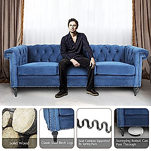 Vaztrlus Chesterfield Velvet Sofas for Living Room, Traditional Square Arm 3-Seater Sofa 82.5" Couch Deep Button Nailhead Tufted Blue Upholstered Couches Removable Cushion Easy to Assemble
