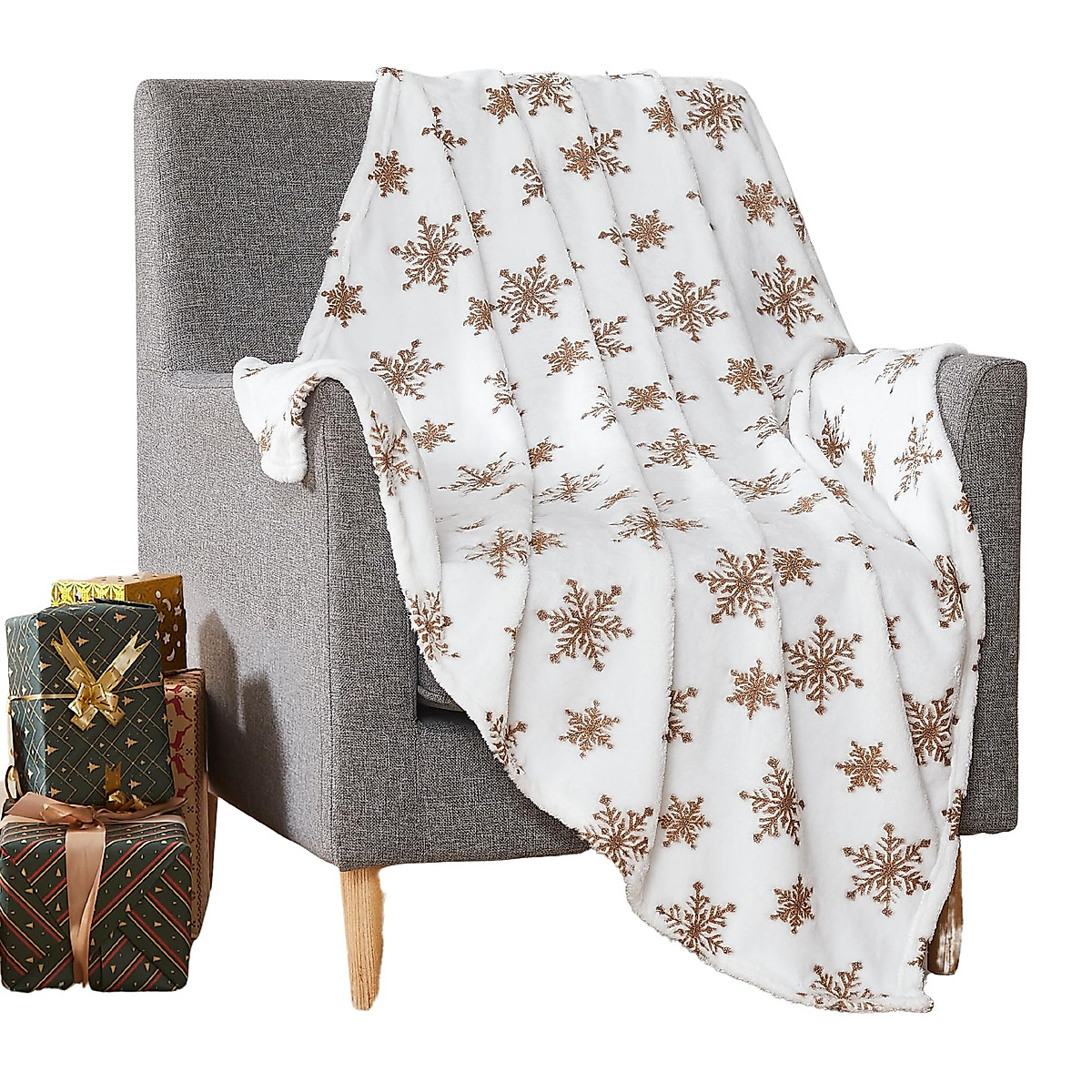 Serafina Home Christmas Holiday Throw Blanket: Velvelty Soft, Durable Fleece Accent for Bed or Couch (Golden Snowflakes, 50 x 60 inches)