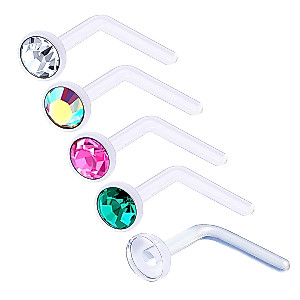 bodyjewellery 5Pcs 20g 0.8mm Nose Rings L Shaped Bioflex Clear Flexible Nostril Piercing Jewelry 2.5mm Crystal - CL AB RO BZ