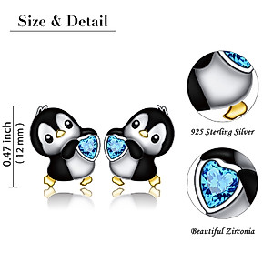 925 Sterling Silver Cute Animal Gold Plated Black Penguin Hold Blue Heart CZ Stud Earrings for Women Daughter Birthday Earrings Penguin Lover