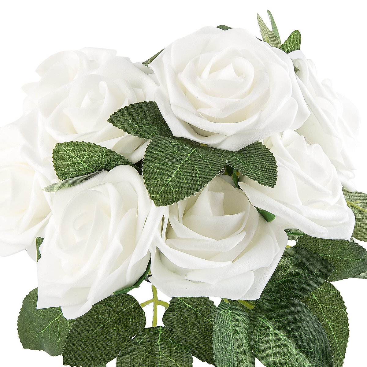 Lansdowns Artificial Flower Foam Rose 25pcs Real Looking Fake Rose with Stems Leaves for Home Decoration Party Garden Centerpieces DIY Wedding Bouquets（White）