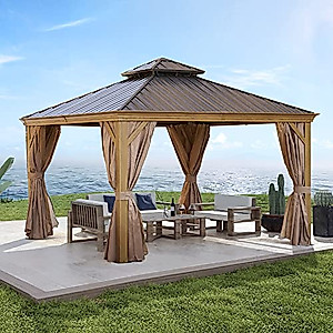 Bellemave 12'x12' Hardtop Gazebo with Galvanized Steel Double Roof, Aluminum Wood Grain Patio Canopy with Netting and Curtains, Heavy-Duty Outdoor Permanent Pavilion Garden, Patios, Lawns, Deck