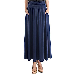 TRENDY UNITED Women's High Waist Fold Over Pocket Shirring Skirt ,Navy-ankle,X-Large