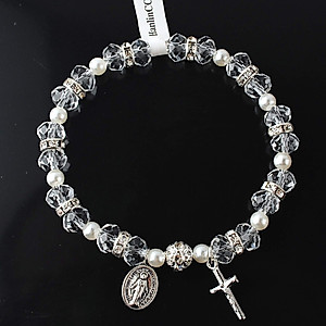 HanlinCC Women's Beaded Stretch Rosary Bracelet with Crucifix and Miraculous Medal (White)