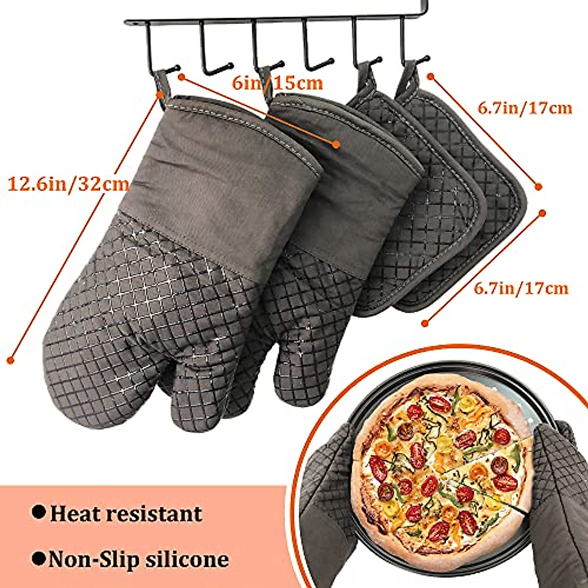 4 Pcs Oven Mitts and Pot Holders,500°F High Heat Resistant Kitchen Oven Mitts with Pot Holders,Long Oven Mitts with Recycled Cotton Infill and Silicone Non-Slip Surface for Baking and Cooking(Grey)