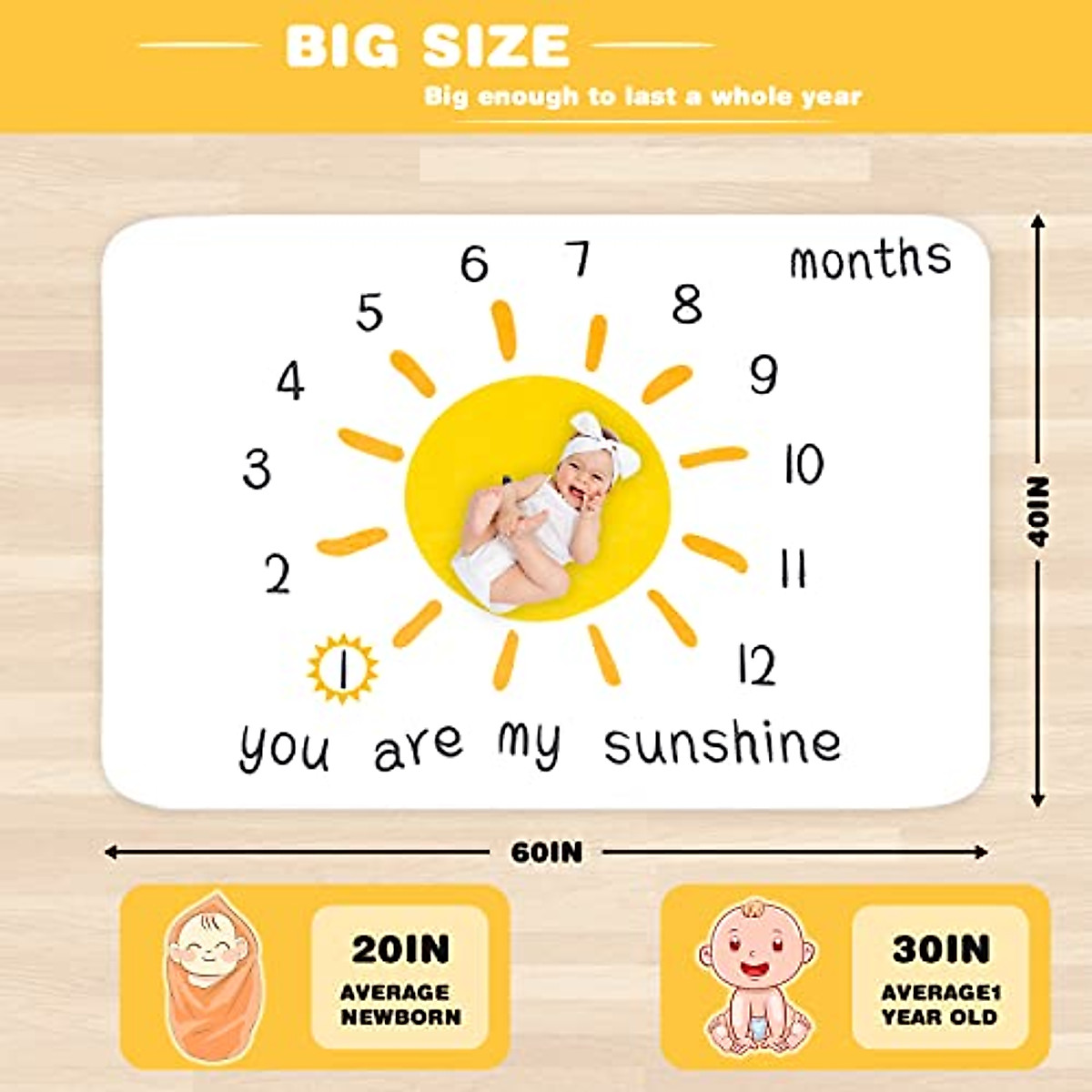 Baby Milestone Blanket - Cute Sun Design Monthly Milestone Blanket for Baby Boy and Girl, Soft and Thick Flannel, Large Size, 60"X40"