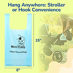 MOM EASY 600 Count Disposable Diaper Bags, 8 x 15 Inch, Unscented, Double Seamed, With Tie Handles, For Baby Waste