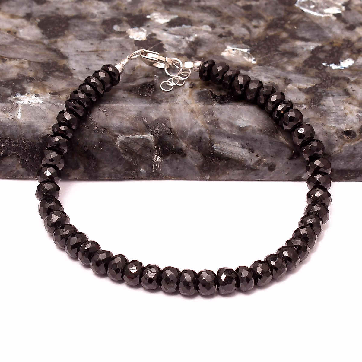 A&M GEMS & JEWELS A&M Black Spinel Faceted Rondell Gemstone Beaded Bracelet, Unique Black Spinel Gemstone Bracelet Jewelry for Women's (7.25)