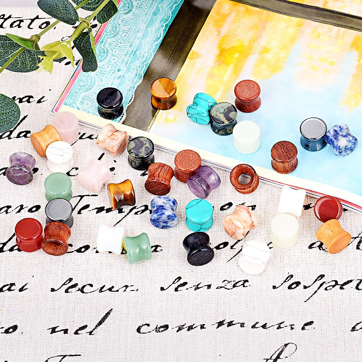 Longbeauty Wood Mixed Stone Plugs 18 Pairs/36 Pcs Double Flared Saddle Gauges Tunnels Expander Piercing Set (Gauge=10mm(00g))