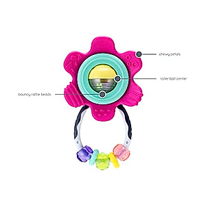 Infantino Spin & Teethe Gummy Pink Flower Rattle - Easy to Grab, Chewy Rings, Multi-Texutre Petals, Roller Ball Center - Teething & Sensory Play, Ages 0 Months +