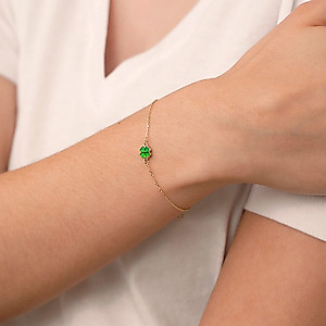 14k Solid Gold Green Clover Bracelet | 14k Yellow Gold Four Leaf Clover Bracelets for Women | Dainty Gold Luck Bracelets | Women's 14k Gold Jewelry | Gift for Christmas, Adjustable 6" to 7"