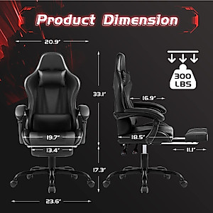 Shahoo Gaming Chair with Footrest and Massage Lumbar Support, Video Racing Seat Height Adjustable with 360°Swivel and Headrest for Office or Bedroom, Black