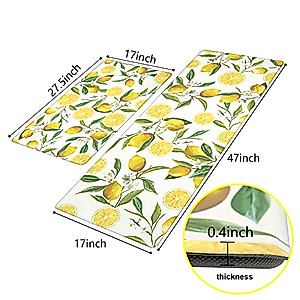 SHACOS Lemon Kitchen Rugs Mats 2 Pieces Anti Fatigue Floor Rug Runner Set Non Slip Soft Cushioned Standing Mat Wipeable Floor Mat, 17"x27.5"+17"x47",White