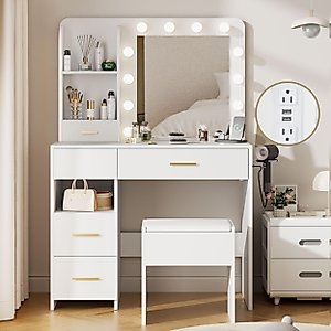 Furnivado Vanity Desk with LED Lighted Mirror, 3 Adjustable Lighting Makeup Vanity Desk with 3 Storage Shelves, 5 Large Drawers and Storage Stool, Vanity with Power Outlet for Bedroom, White