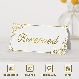 18 Pack Gold Reserved Table Signs for Wedding Party Restaurant - Double Sided Gold Reserved Signs for Tables Chairs - White Paper Reserved Table Tent Card - Wedding Accessories- Place Cards for Event