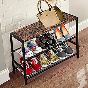 INGIORDAR Shoe Rack Storage Organizer 3 Tier Metal Mesh Shoe Rack Shelf with Industrial MDF Board for Entryways Closets Living Room Bedroom,Black&Rustic Brown