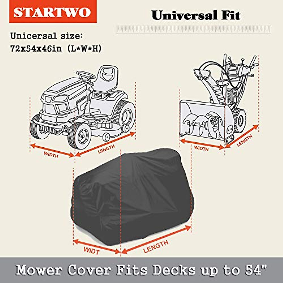 STARTWO Lawn Mower Cover, Tractor Cover Fits Decks up to 54", Heavy Duty Waterproof Riding Lawn Mower Cover with Drawstring and Storage Bag, All Weather Protection, Rip Resistant Fade Resistant,Gray