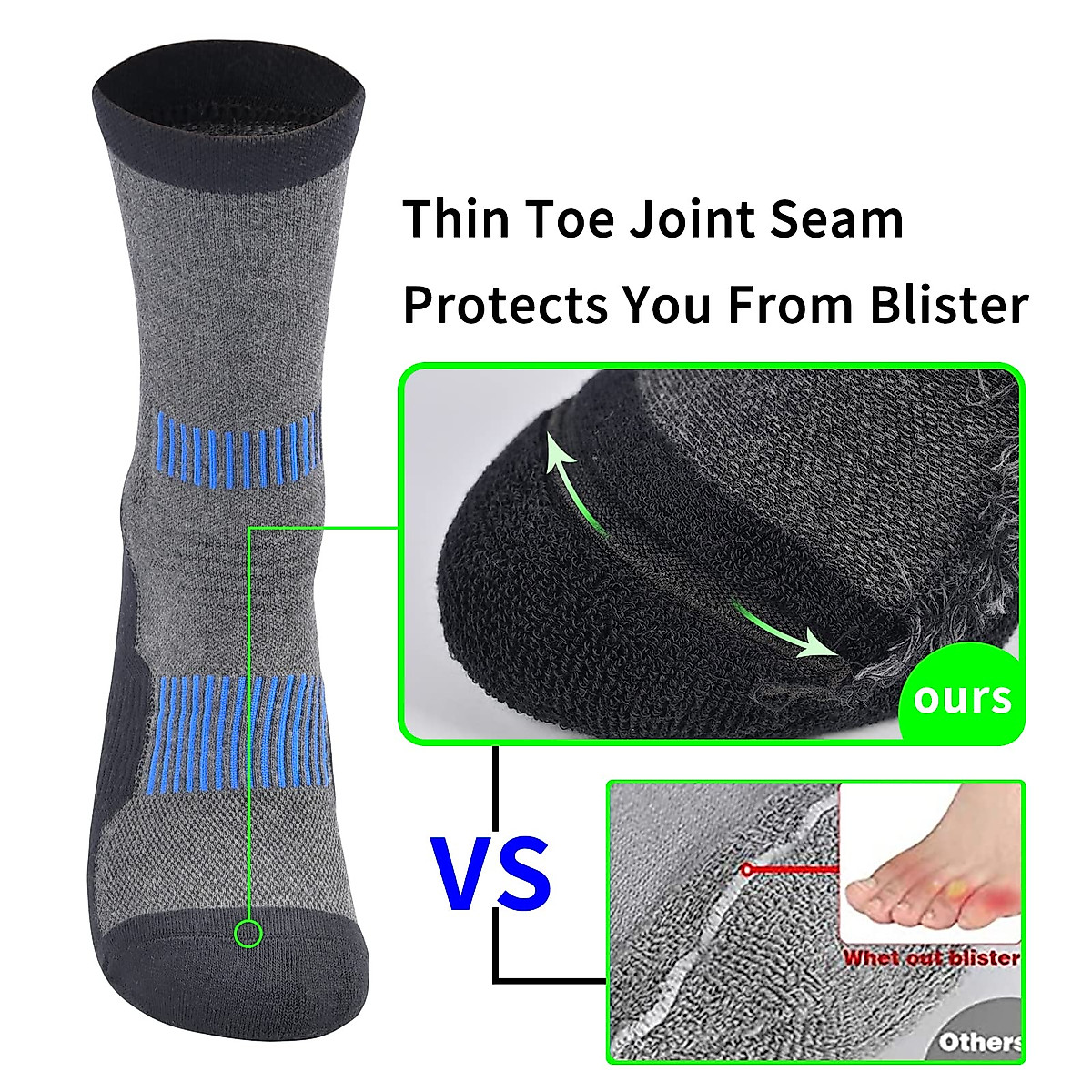 WindCrosser Mens 3 Pairs Black/Grey Padded Anti Odor Moisture Wicking Breathable Crew Mid Calf Compression Hiking Socks,Size 7-12