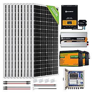 ECO-WORTHY 8KWh 2000W 24V MPPT Solar Power Kit System for Home: 10pcs 195W Solar Panel+ 2pcs 25.6V 100Ah Lithium Battery+ 60A MPPT Controller+ 3000W 24V Pure Sine Wave Inverter+ 6 String Combiner Box