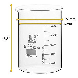 EISCO Beaker, 3000ml - Low Form with Spout - White, 250ml Graduations - Borosilicate 3.3 Glass