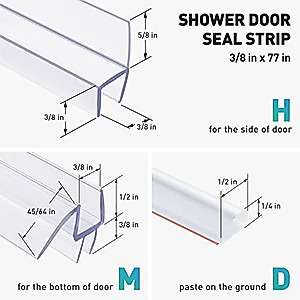 Shower Door Seal Set - 4 PCS 3/8" x 77" Frameless Shower Door Bottom Seal and Side Seal for 3/8 Inch Glass,Glass Shower Door Seal Strip Door Sweep,Stop Shower Leaks and Create a Water Barrier