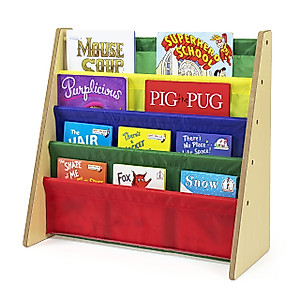 Humble Crew, Natural Wood/Primary Kids Book Rack Storage Bookshelf, 4 Tiers, Toddler